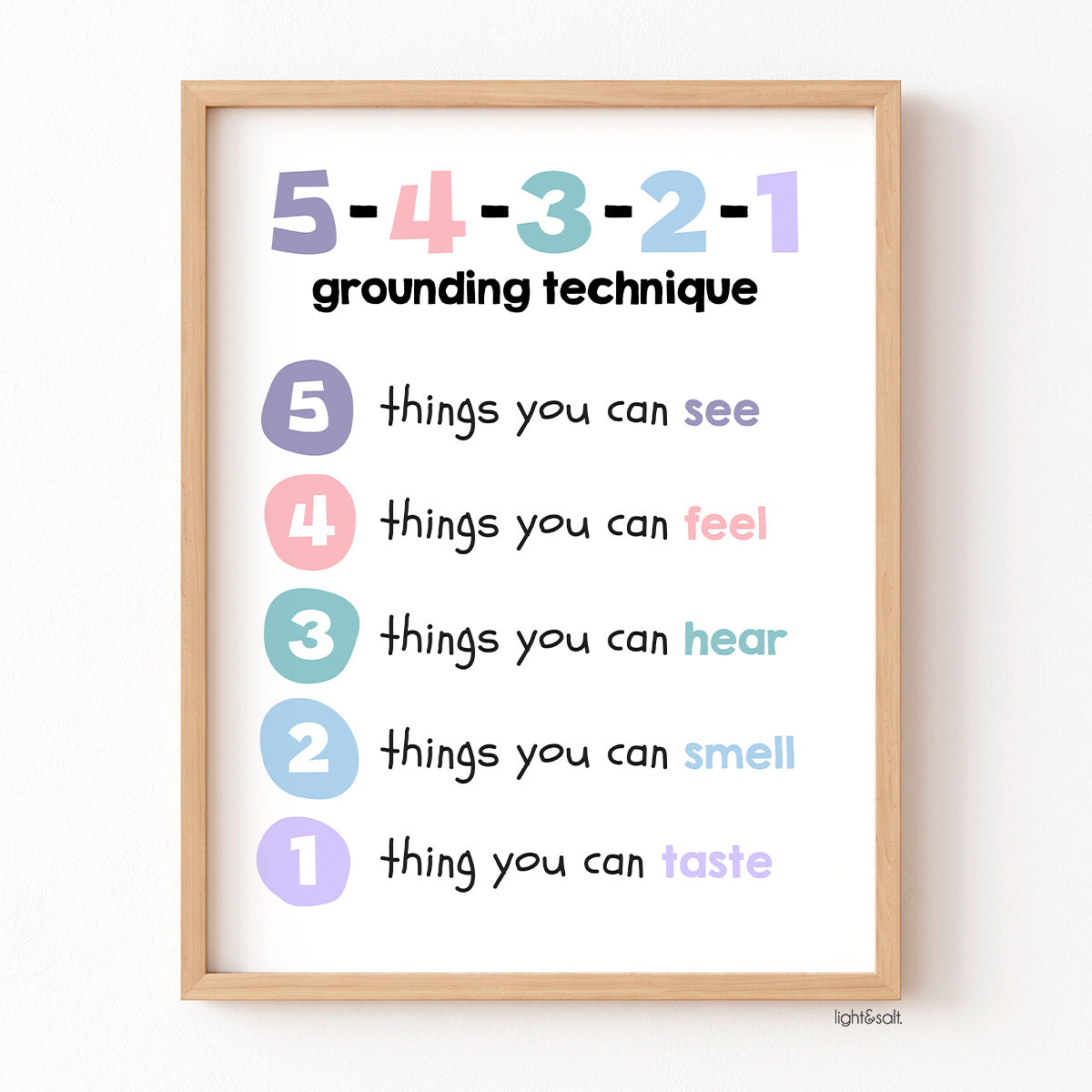 Grounding technique poster, coping skills, 54321 Grounding – LightandSaltDesign