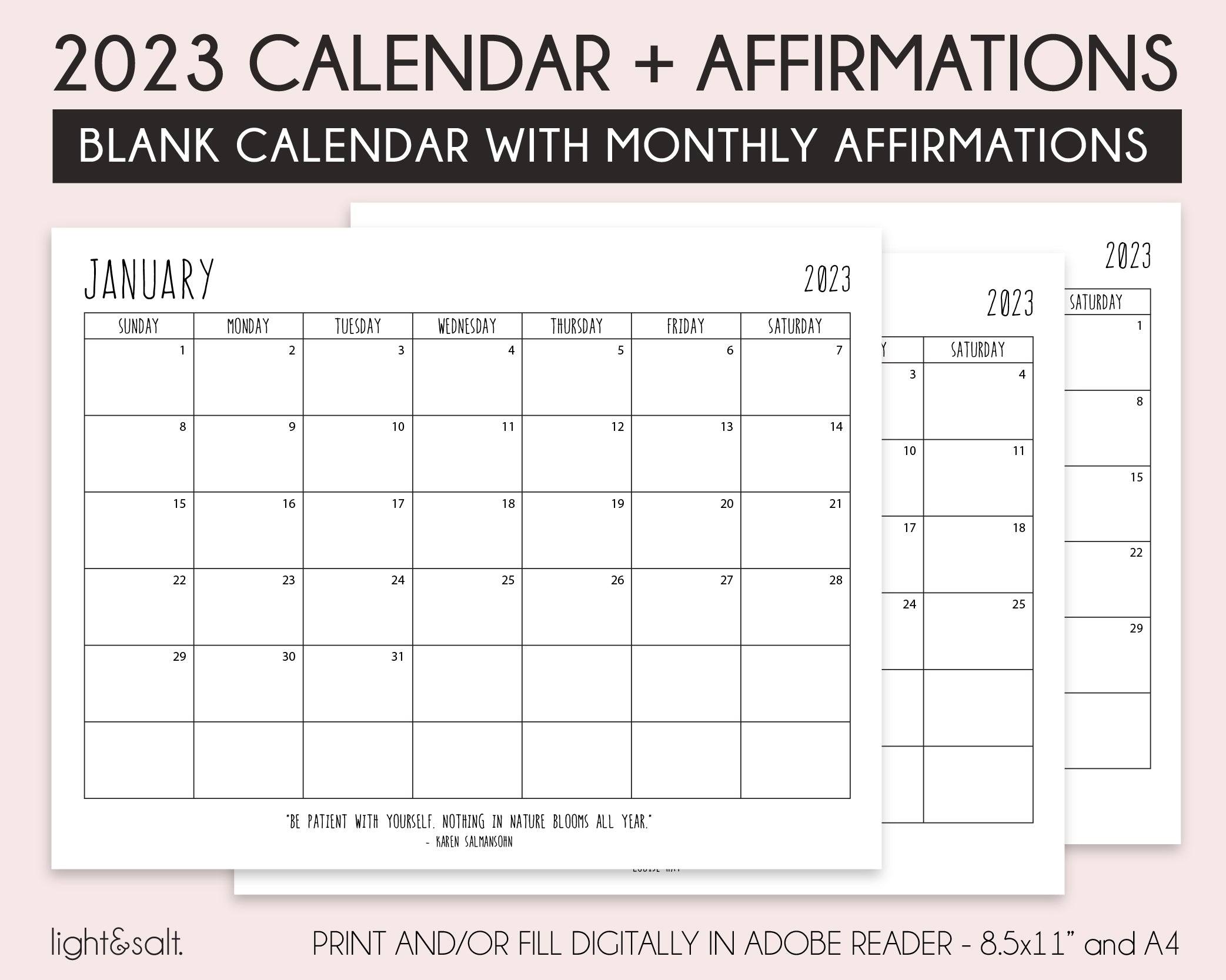 2023 Monthly editable blank calendar + monthly affirmations ...