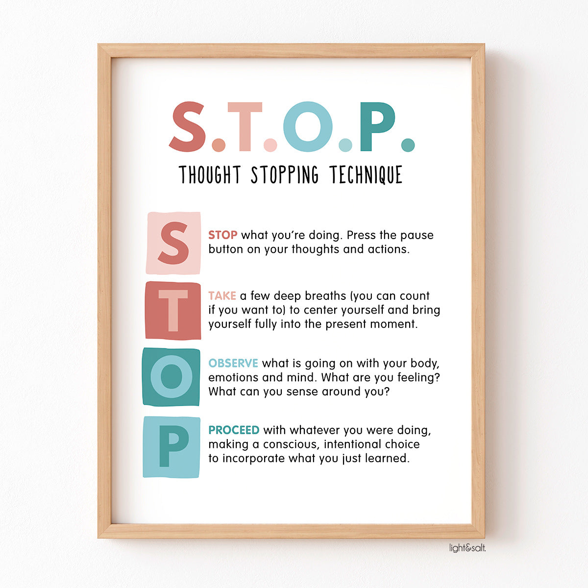STOP Mindfulness practice technique, DBT poster – LightandSaltDesign