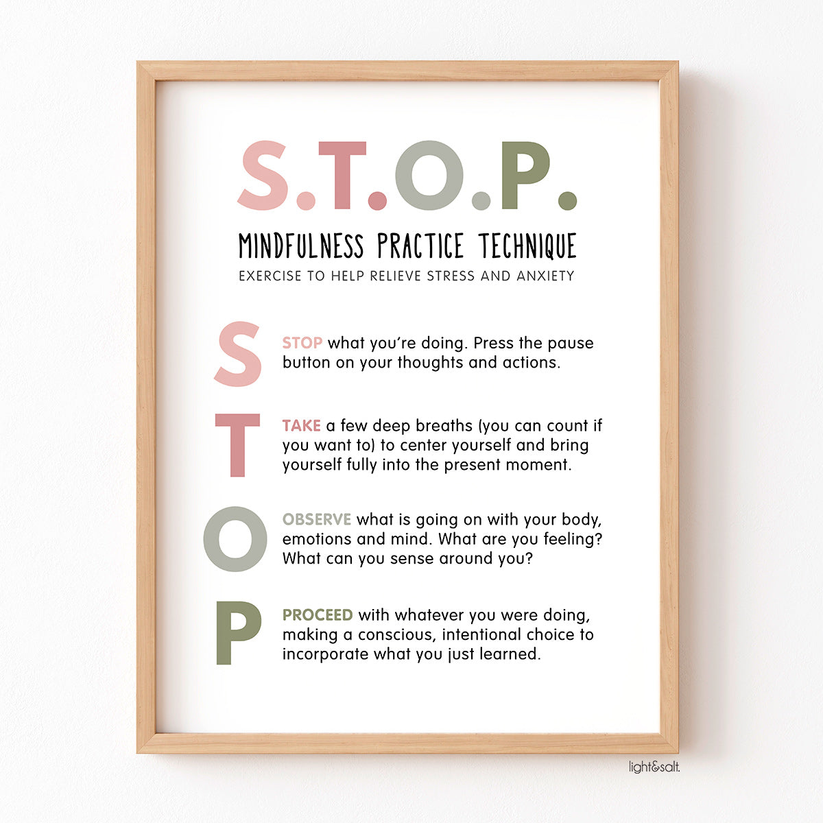 STOP Mindfulness practice technique, DBT poster – LightandSaltDesign